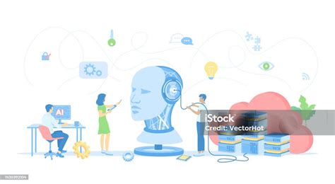 인공 지능 Ai 미래 기술 디지털 두뇌 기계 학습 팀은 스마트 두뇌 컴퓨터 신경망과 함께 작동합니다 벡터 일러스트 레이 션 플랫