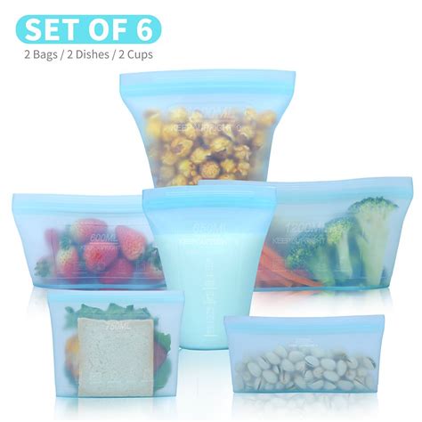 Xomoo Reusable Silicone Food Storage Bag 6 Pcs Zip Lock Top Storage Leakproof Vegetables