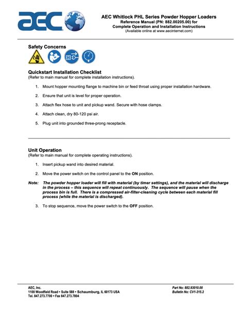 Aec Whitlock Phl Series Powder Hopper Loaders Operation And Installation Manual Acs Group