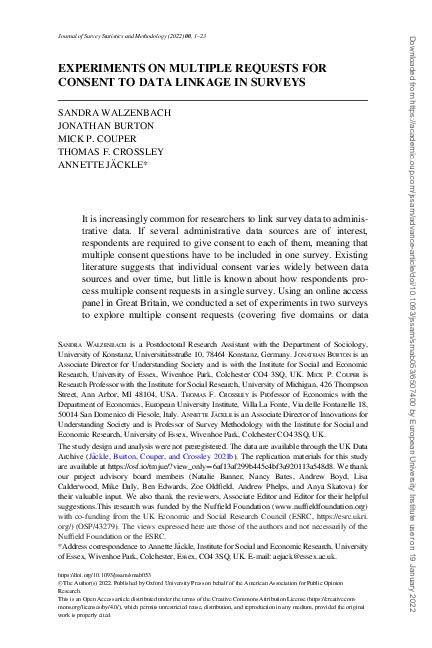 Pdf Experiments On Multiple Requests For Consent To Data Linkage In