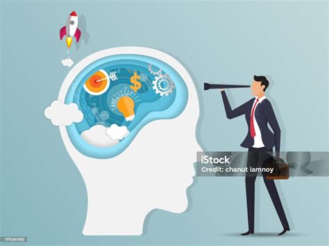 종이 컷 비즈니스 기회 개념 그림입니다 사업가는 망원경으로 뇌의 능력을 검색하고 있습니다 종이 아트 스타일 벡터 그림입니다 요소는 벡터 파일에 별도로 계층화됩니다 3차원