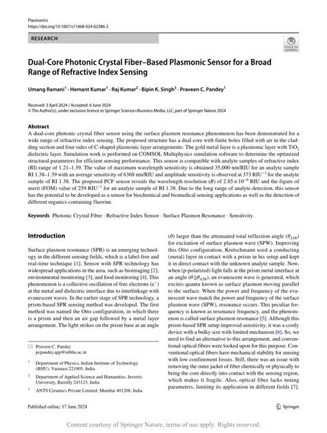 Dual Core Photonic Crystal Fiberbased Plasmonic Sensor For A Broad