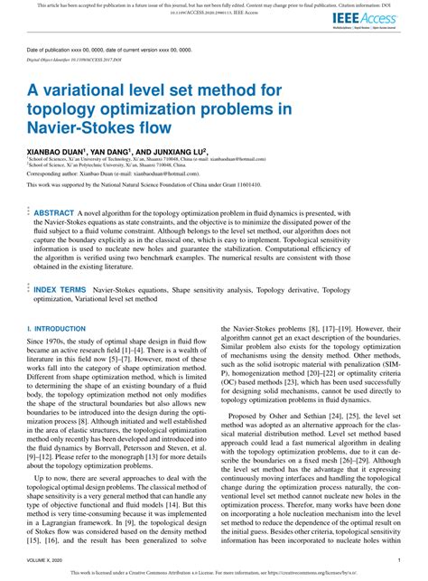 Pdf A Variational Level Set Method For Topology Optimization Problems In Navier Stokes Flow