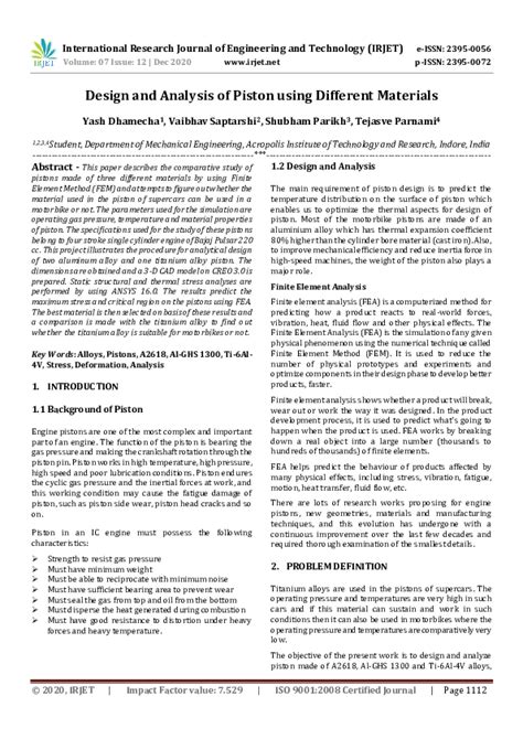 Pdf Design And Analysis Of Piston Using Different Materials