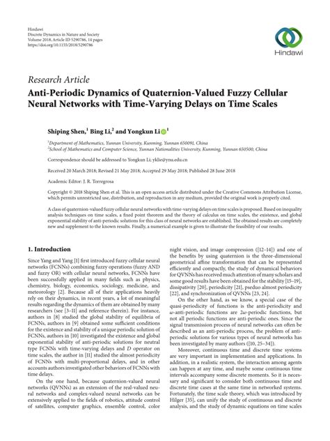 Pdf Anti Periodic Dynamics Of Quaternion Valued Fuzzy Cellular Neural