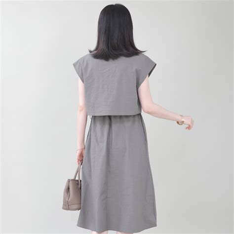 투피스 느낌 레이어드 카라 단추 오픈 허리스트링 여름 짧은 반팔 롱 원피스 K07404 애비뉴투지