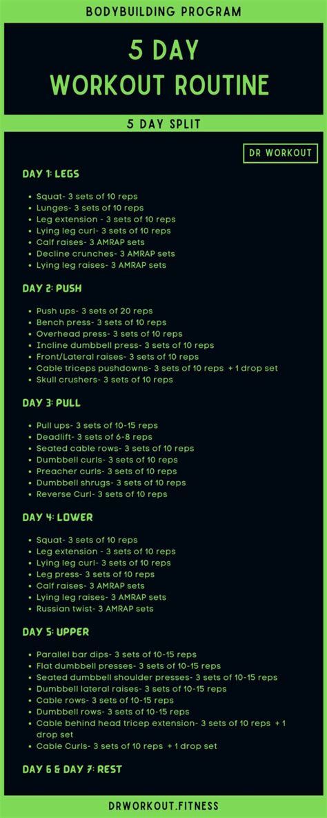 The 5 Day Workout Routine Is Shown In Black And Green With Instructions For How To Do