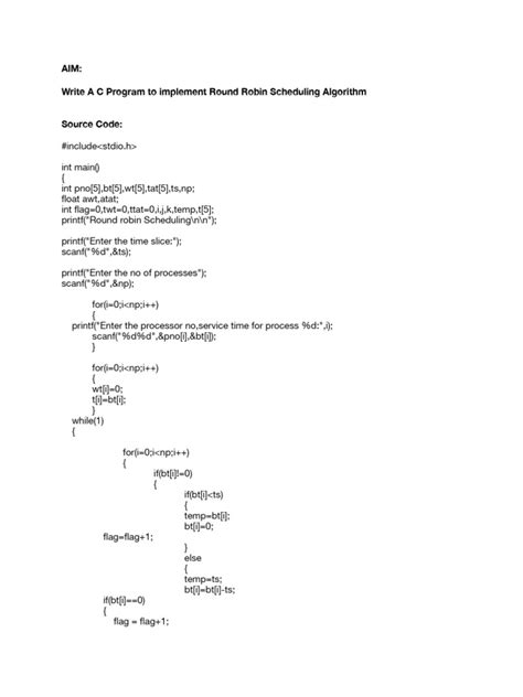 Aim Write A C Program To Implement Round Robin Scheduling Algorithm Source Code Pdf