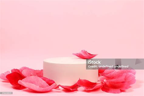 가벼운 연단과 모란과 장미 꽃잎 최소한의 꽃꽂이 화장품 천연 제품 개념의 전시 또는 프리젠 테이션을위한 빈 쇼케이스 개념에 대한