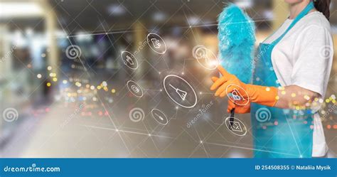 Cleaning Lady Working In Virtual Computer Screen Stock Image Image Of