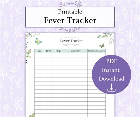 Fever Tracker Printable Pdf Temperature Log Healthcare Tracker Symptom Journal Medical