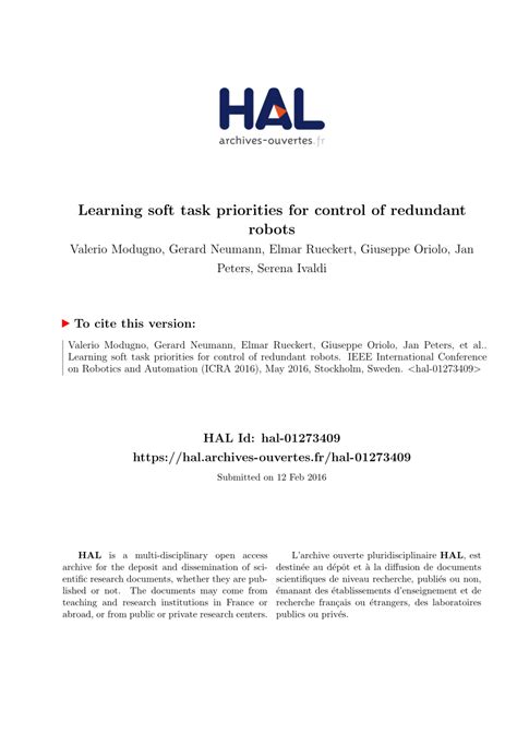 Pdf Learning Soft Task Priorities For Control Of Redundant Robots