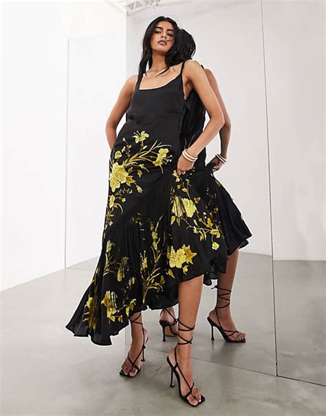 Vestido Midi Negro De Corte Al Bies Con Bordados Florales Y Flecos De Asos Edition Asos
