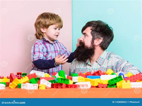Father Son Game Father And Son Create Constructions Bearded Man And Son Play Together