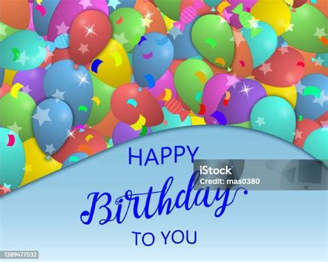 화려한 공기 풍선 색종이와 별 생일 비문 인사말 카드 파티 초대를 위한 디자인 생일 배경 생일 장식을위한 템플릿 벡터 일러스트레이션 공휴일에 대한 스톡 벡터 아트 및 기타