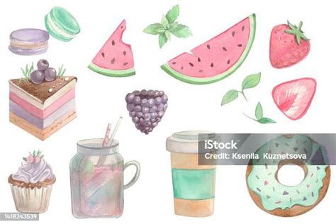 수채화로 손으로 그린 음식 세트 커피 케이크 수박 딸기 민트 파스타 도넛 블랙 베리 칵테일 도넛 홀에 대한 스톡 벡터 아트 및 기타 이미지 Istock