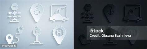 도로 표지판 되돌리기 도시 지도 내비게이션 경로 위치 헬리콥터 착륙장 앵커가 있는 위치 및 도로 장벽 아이콘을 설정합니다 벡터 3차원 형태에 대한 스톡 벡터 아트 및 기타