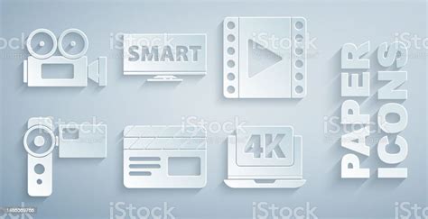 영화 클래퍼 비디오 재생 시네마 카메라 4k 비디오가 있는 노트북 스크린 Tv 스마트 및 아이콘을 설정합니다 벡터 4k해상도에 대한 스톡 벡터 아트 및 기타 이미지 Istock