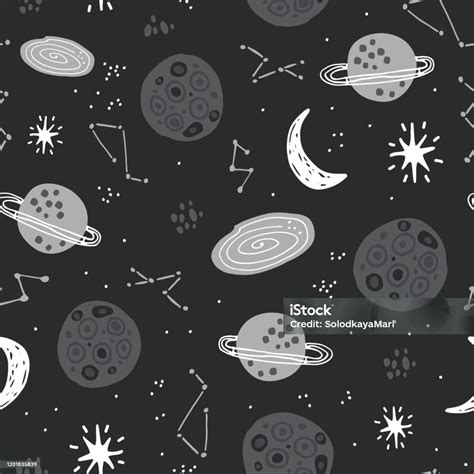 공간 요소 달 행성 별 별과 원활한 흑백 패턴 창조적 인 벡터 유치한 질감입니다 의류 섬유 직물 벽지에 적합합니다 0명에 대한 스톡 벡터 아트 및 기타 이미지 Istock