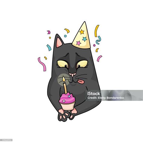 벡터 해피 블랙 고양이는 축제 모자와 생일을 축하합니다 촛불 뱀이있는 컵 케이크 귀여운 캐릭터 디자인 애완고양이에 대한 스톡