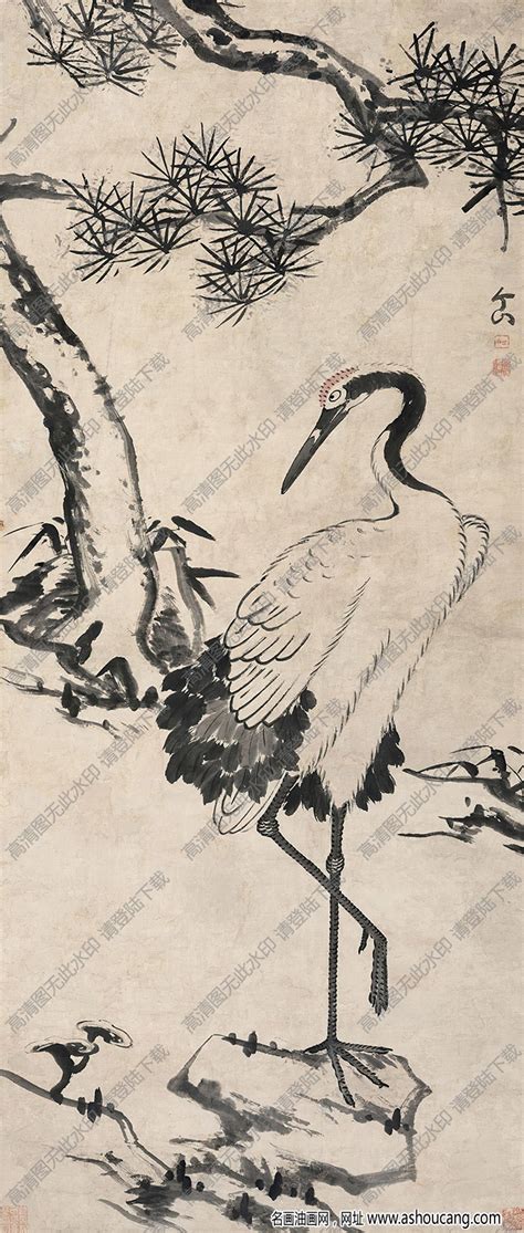 八大山人国画作品 松鹤图 高清下载 名画油画网