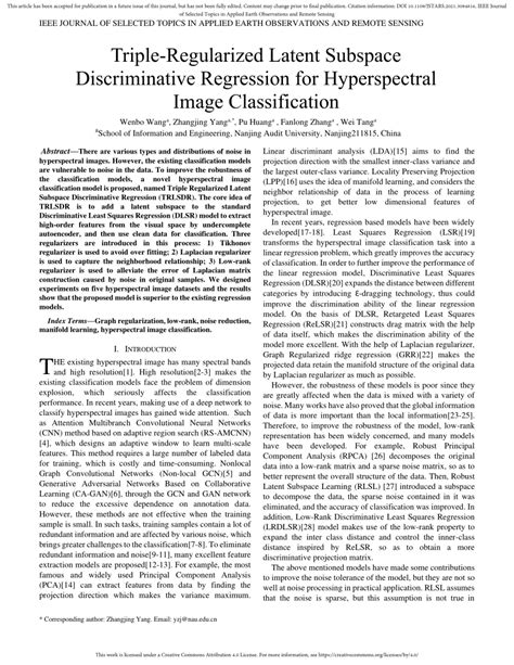 PDF Triple Regularized Latent Subspace Discriminative Regression For Hyperspectral Image
