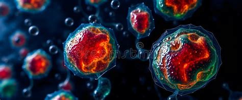 close up of vibrant red and green cells in a microscopic view stock
