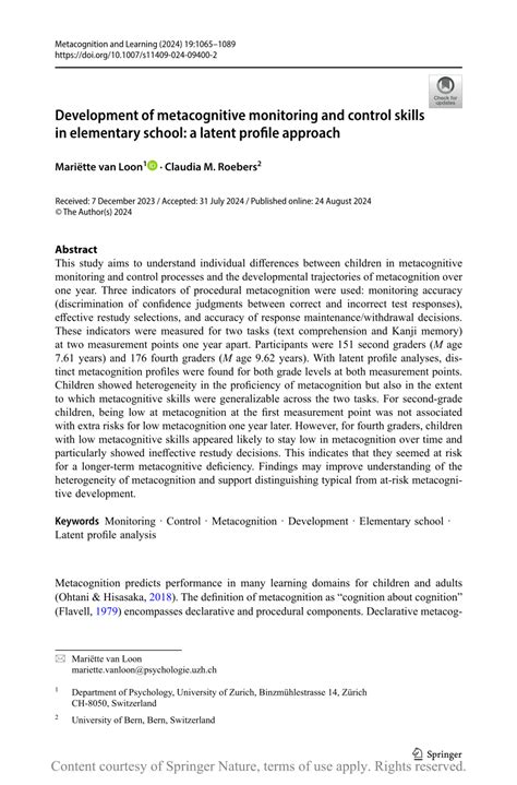 Pdf Development Of Metacognitive Monitoring And Control Skills In