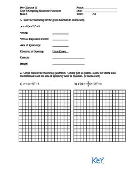 Pre Calculus 11 Graphing Quadratics Functions Quiz 1 With FULL SOLUTIONS