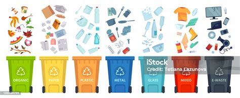 폐기물 분리 재료로 쓰레기를 분류하고 컬러 쓰레기통에 입력합니다 가비지 벡터 인포그래픽 분리 및 재활용 0명에 대한 스톡 벡터 아트 및 기타 이미지 Istock