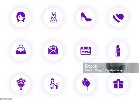 보라색 그림자와 가벼운 둥근 버튼에 어머니의 날 보라색 색상 벡터 아이콘 웹 모바일 앱 Ui 디자인 및 인쇄를 위한 어머니의 날 아이콘 세트 0명에 대한 스톡 벡터 아트 및