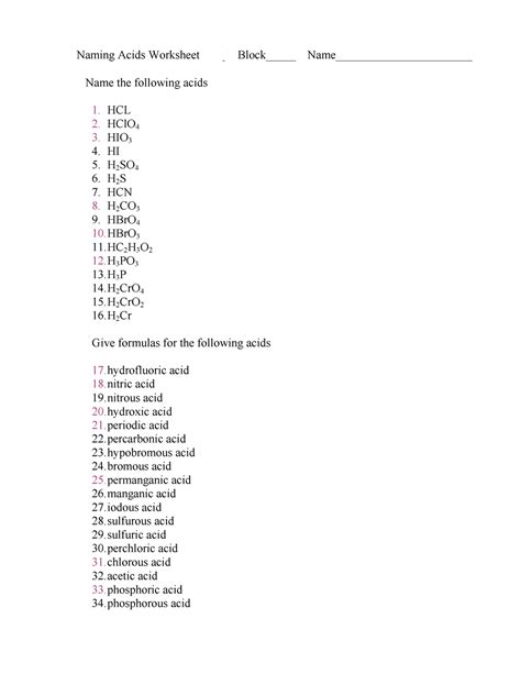 Naming Acids Complete Naming Acids Worksheet Key Block Worksheets Library