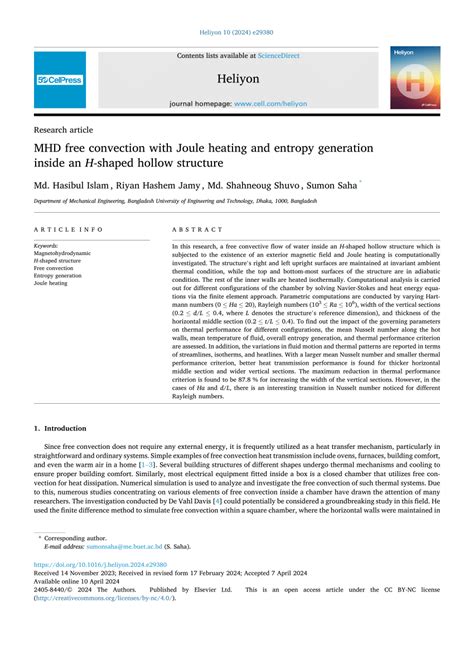 Pdf Mhd Free Convection With Joule Heating And Entropy Generation Inside An H Shaped Hollow
