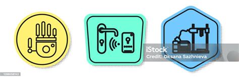 잠금 해제 및 3d 프린터용 무선 기술이 있는 디지털 도어 잠금 장치 인 기계 로봇 핸드를 설정합니다 컬러 셰이프입니다 벡터 3차원 형태에 대한 스톡 벡터 아트 및 기타