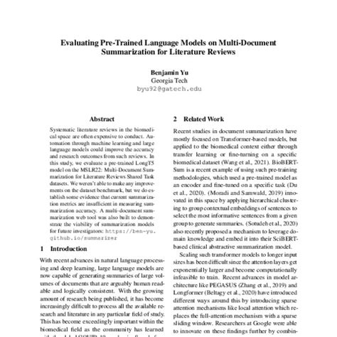 Evaluating Pre Trained Language Models On Multi Document Summarization For Literature Reviews