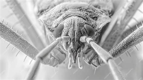 Closeup Of An Electron Microscope View Of The Head And Legs Of A Bed Bug On A Gray Background