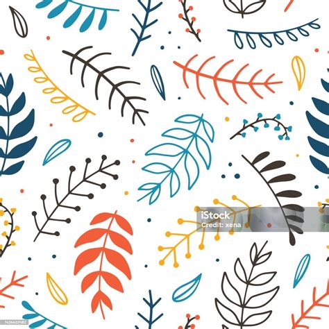 나뭇잎과 가지의 다채로운 귀여운 이음새가 없는 패턴 섬유 옷 인쇄를 위한 벡터 일러스트 레이 션 가을에 대한 스톡 벡터 아트 및 기타 이미지 Istock