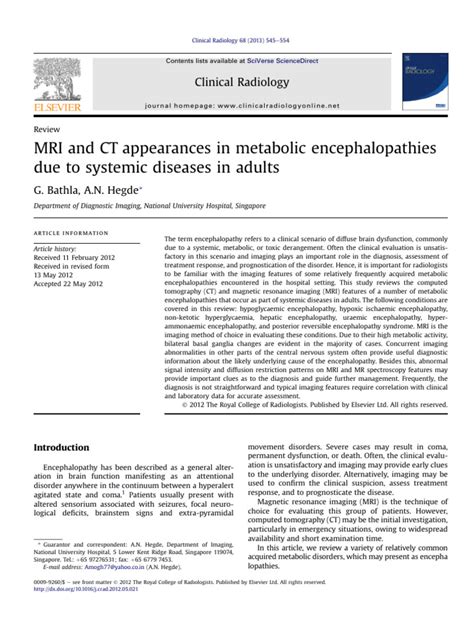 Mri And Ct Appearances In Metabolic Encephalopathies Due To Systemic