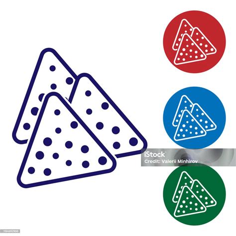 파란색 나 쵸 아이콘 흰색 배경에 고립입니다 옥수수 칩 또는 나 쵸 토르티야 전통적인 멕시코 패스트 푸드입니다 원 버튼의 색상 아이콘을 설정 합니다 벡터 일러스트 0명에