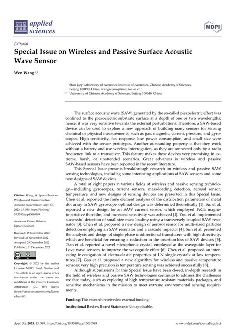 Pdf Special Issue On Wireless And Passive Surface Acoustic Wave Sensor