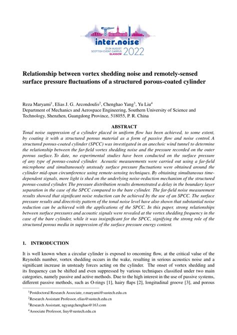 Pdf Relationship Between Vortex Shedding Noise And Remotely Sensed Surface Pressure