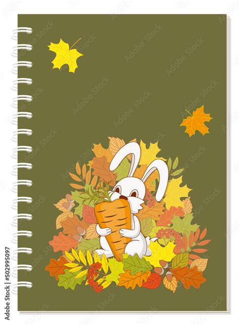 A5 School Spiral Notebook Cover With Cartoon Cute Bunny Into Autumn
