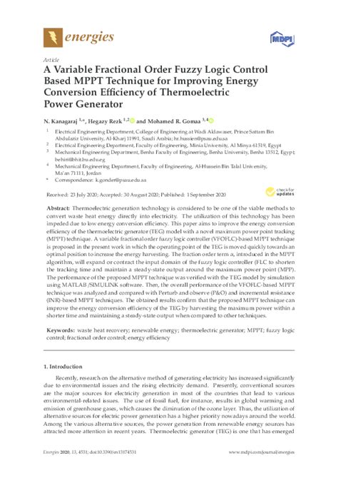 Pdf A Variable Fractional Order Fuzzy Logic Control Based Mppt Technique For Improving Energy