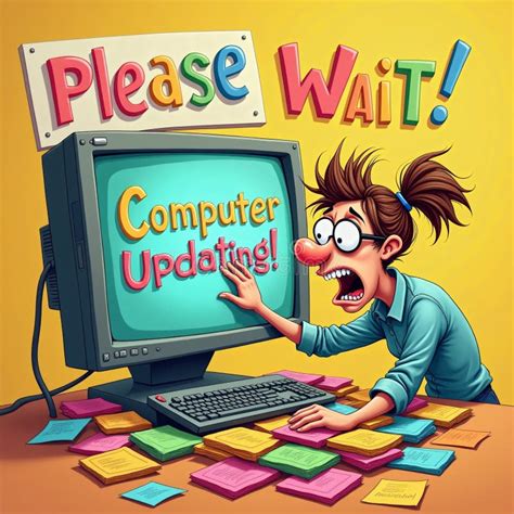 computer update cartoon sign please wait software file internet service