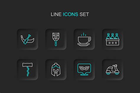 세트 라인 스쿠터 카니발 마스크 로마 군대 헬멧 와인 코르크 마개 와인 병 커피 컵 곤돌라 보트 아이콘 벡터 검투사에 대한 스톡 벡터 아트 및 기타 이미지 Istock