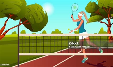 젊은 여성 여자 소녀 테니스 선수는 공 놀이터 그물 필드를 쳤다 외부 화창한 날 공원 자연 테니스 활동 활동 프로 스포츠맨 훈련 놀기 벡터 그림 Championship에