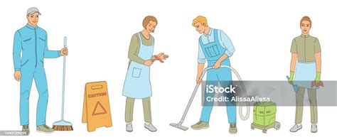 흰색 배경에 웃고 있는 청소 서비스 직원 균일한 윤곽선 색상 벡터 그림을 입은 집 청소부 가사 집안일에 대한 스톡 벡터 아트 및