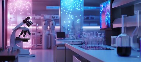 A Modern Laboratory With A Microscope Beaker And Blue And Pink Lighting