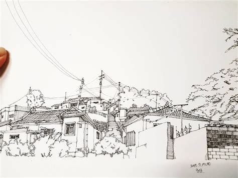 그림저장 펜화 스케치 골목길 군산 취미생활 Pendrawing Sketch Korea Gunsan Alleyway 小巷 군산 히로쓰가옥 뒷편으로 보이던 산동네 Pen
