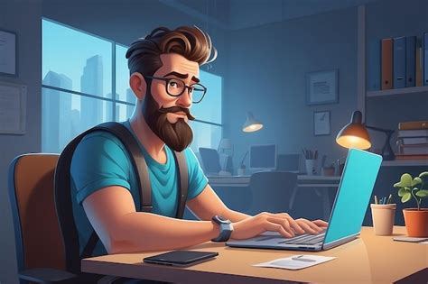 cartoon character sits at the table with a laptop coder designer or